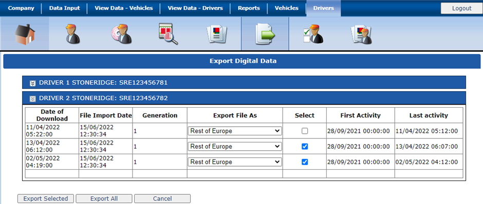How do I export individual driver/vehicle files?